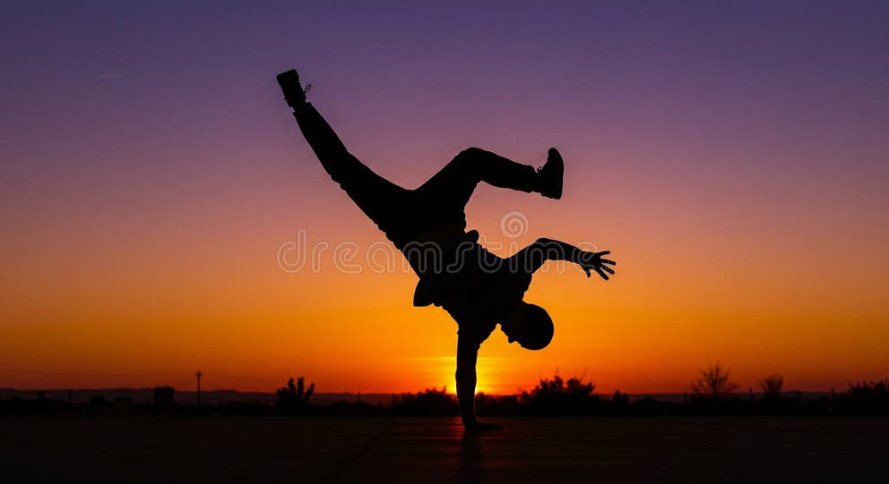 Silhouette of a Breakdancer Performing a Handstand at Sunset. the Vivid ...