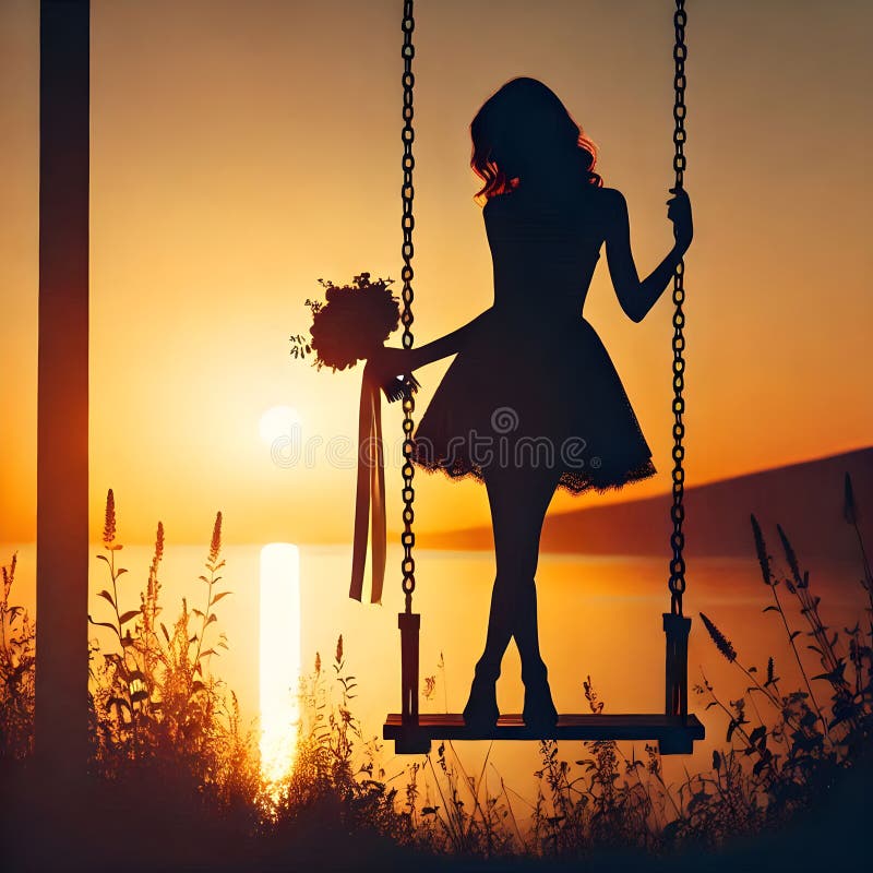 Silhouette of Bride Holding Bouquet and Standing on Swing at Sunset ...