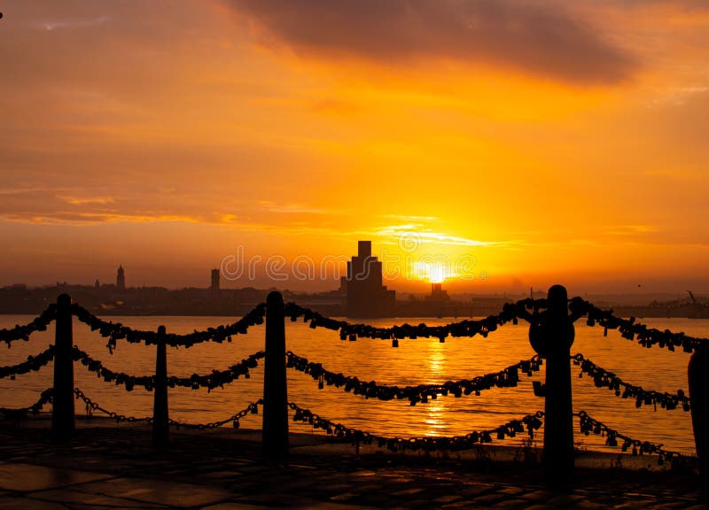 Silhouette of Bridge and Buildings at Sunset in Waterfront, Liverpool ...