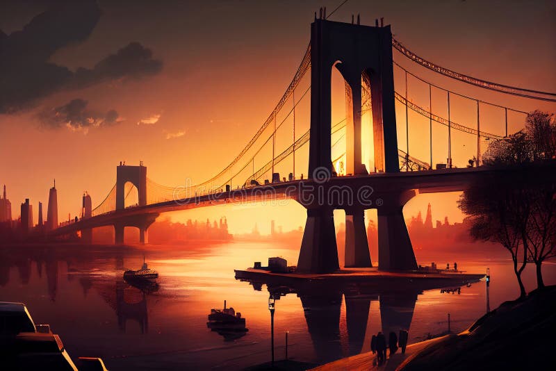 Silhouette with Bridge and a City in Sunset Stock Illustration ...