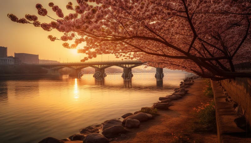 Silhouette of Bridge Reflects Pink Sunset on Water Generated by AI ...