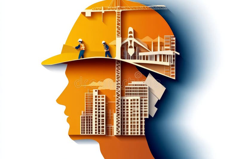 Silhouette of Builder in Hard Hat with Construction Elements ...