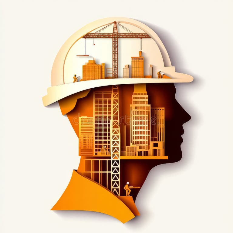 Silhouette of Builder Head with Construction Elements, Showcasing ...