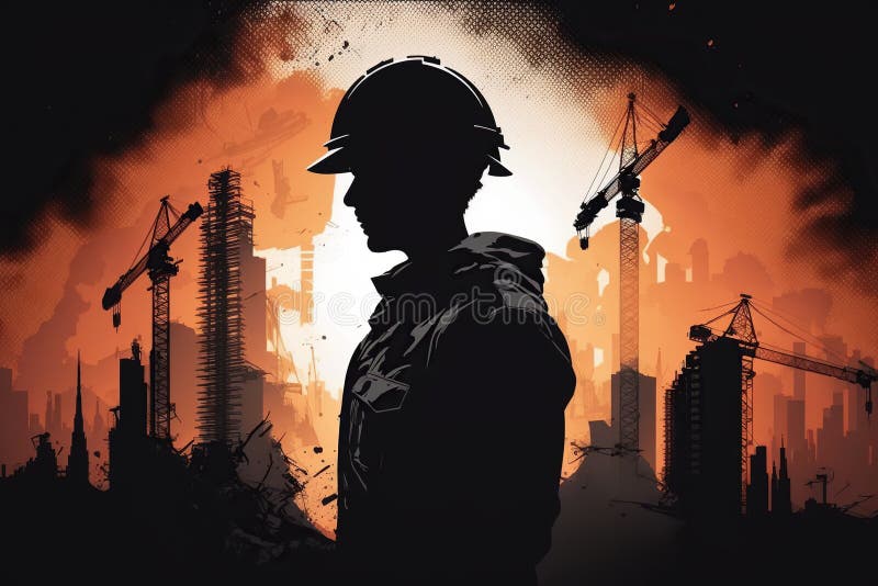 Silhouette Builder in a Helmet Against the Backdrop of Ruined House ...