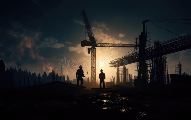Silhouette of Builders at a Construction Site at Sunset, Engineers Work ...