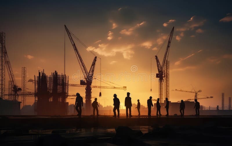 Silhouette of Builders at a Construction Site at Sunset, Engineers Work ...