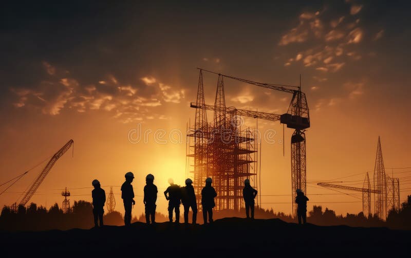 Silhouette of Builders at a Construction Site at Sunset, Engineers Work ...