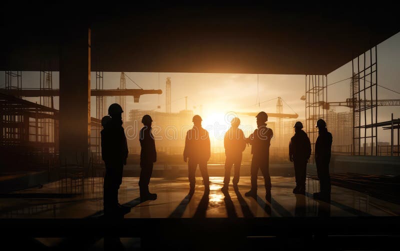 Silhouette of Builders at a Construction Site at Sunset, Engineers Work ...