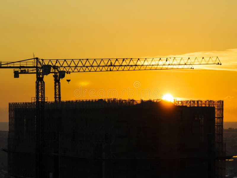 Silhouette of Building Site Background, Construction Site at Sunset ...