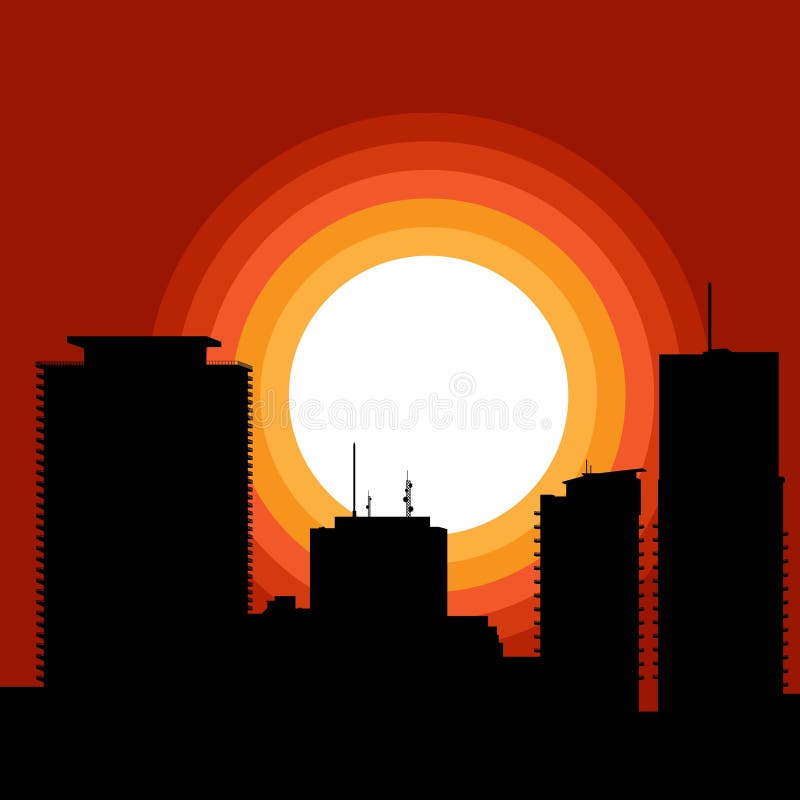 Silhouette of Buildings with Sunset Lanscape Illustration Stock Vector ...