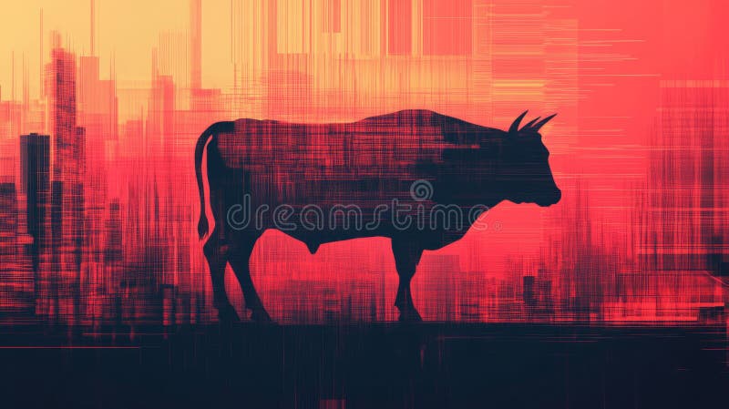 Silhouette of a Bull Against a Red Abstract Cityscape Stock ...