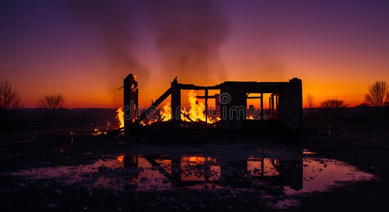 Burned Building Silhouette Against Vibrant Sunset Reflecting in Water ...