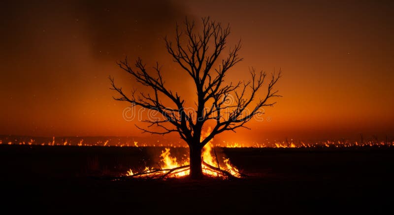 Silhouette of a Burning Tree at Night Stock Illustration - Illustration ...