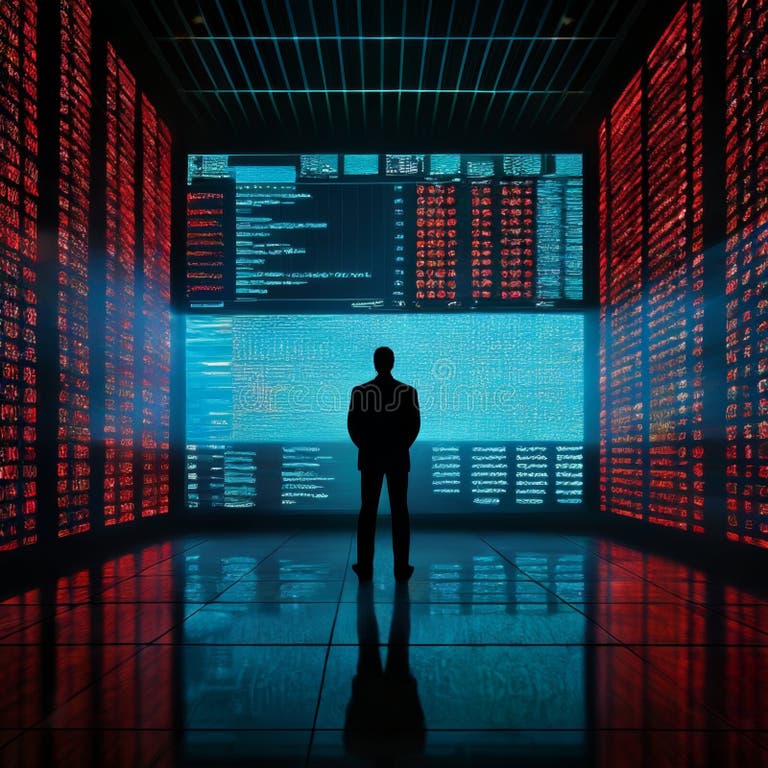 Silhouette of a Businessman in Front of a Computer Screen with Binary ...