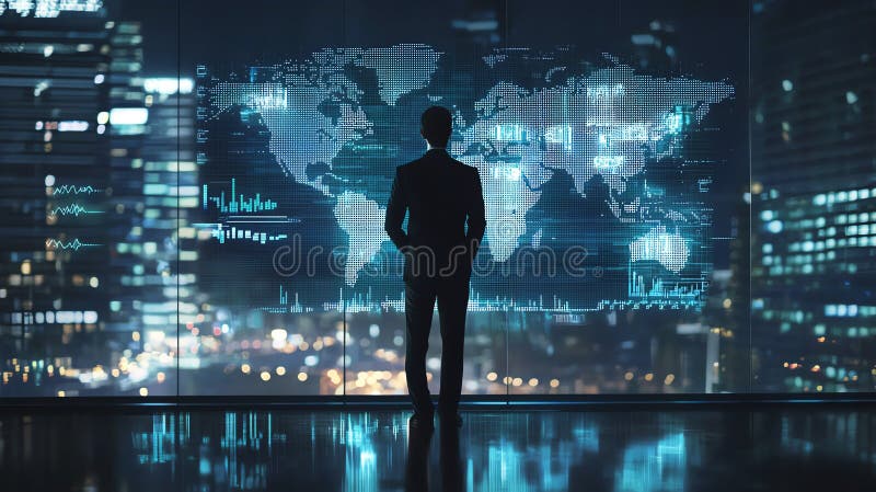 Silhouette of Businessman Looking at World Map with Data Stock ...