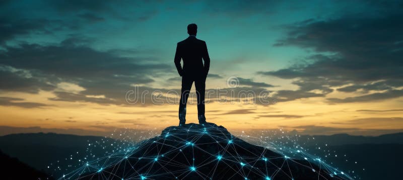 Silhouette of Businessman on Mountain Peak with Digital Network ...