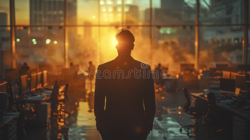Silhouette of a Businessman in the Office at Sunset, View from the Back ...