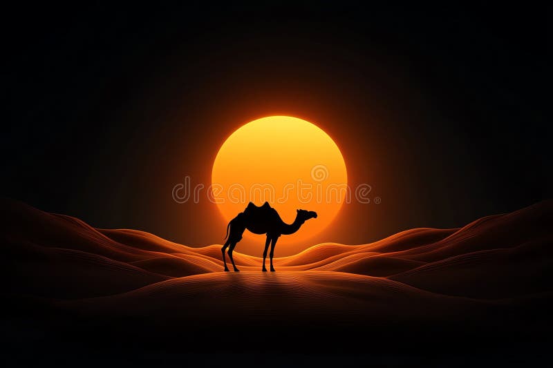 Silhouette of a Camel Standing in Desert at Sunset. the Sun is a Large ...