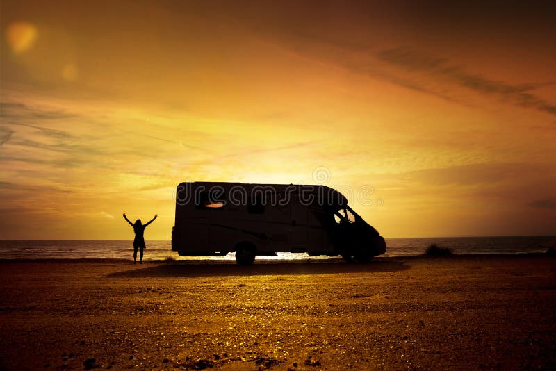 With Camper on the Beach at Sunset Stock Image - Image of recreation ...