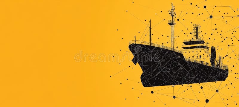 Silhouette of Cargo Ship with Connection Lines on Yellow Background ...