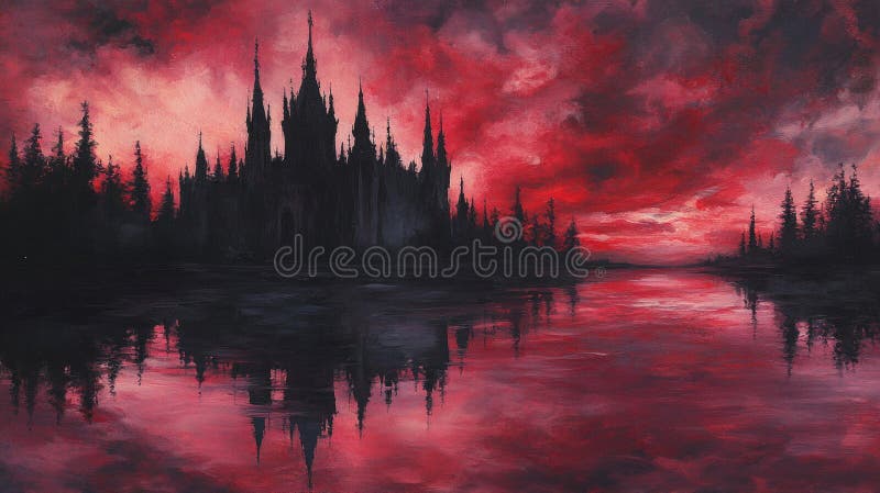 Silhouette Castle at Red Sunset Over Dark Lake Stock Illustration ...