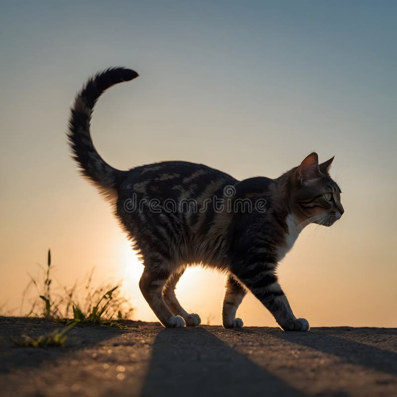 Graceful Cat Silhouette Stretching with Curved Tail and Extended Legs ...