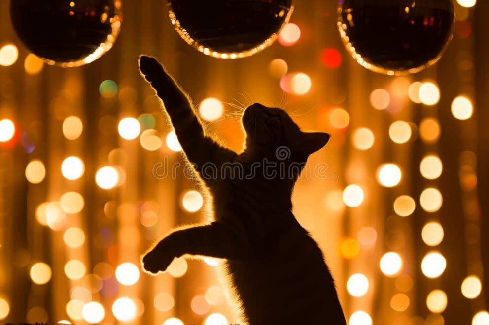 Silhouette of a Cat Reaching Up As If Dancing in a Disco Setting Stock ...