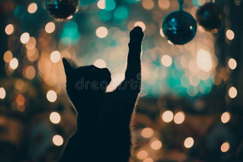 Silhouette of a Cat Reaching Up As If Dancing in a Disco Setting Stock ...
