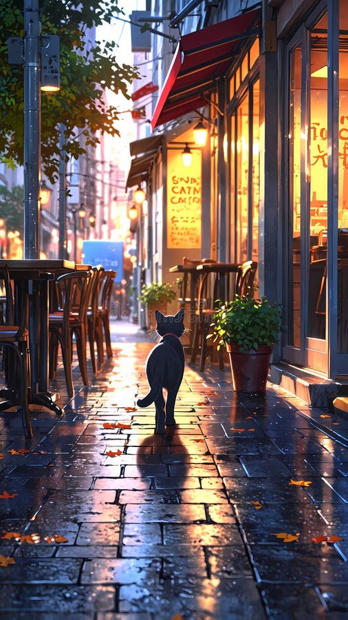 Silhouette of a Cat on the Street Stock Illustration - Illustration of ...