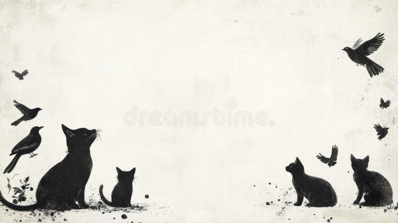 Silhouette of Cats and Birds on a Plain Background. Stock Photo - Image ...