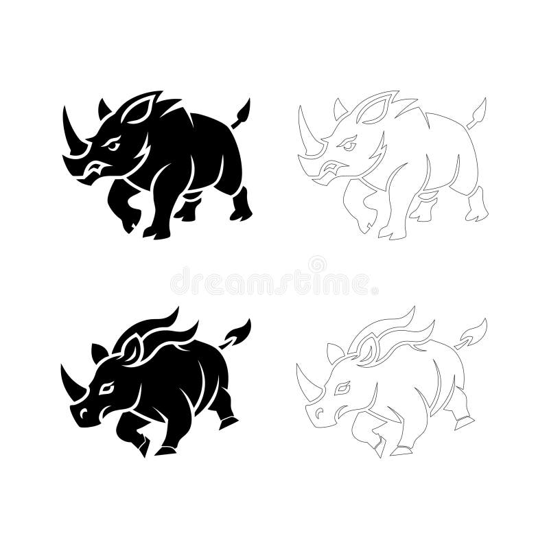 Silhouette of a Charging Rhino in Motion, Bold Flat Black Vector Design ...