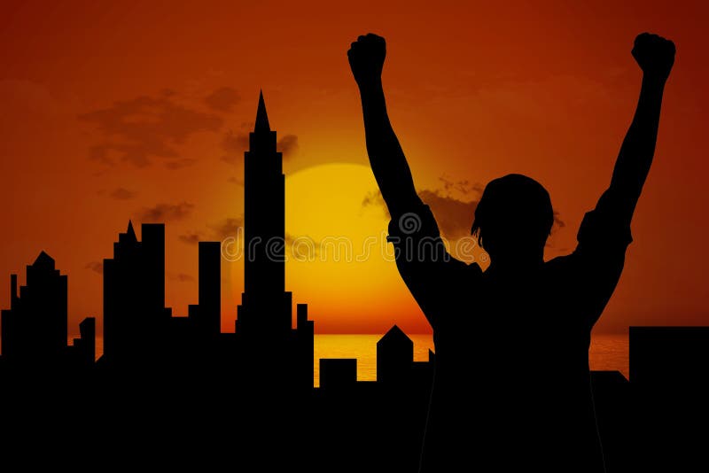 Silhouette of Cheering Person with City and Sunset Background Stock ...