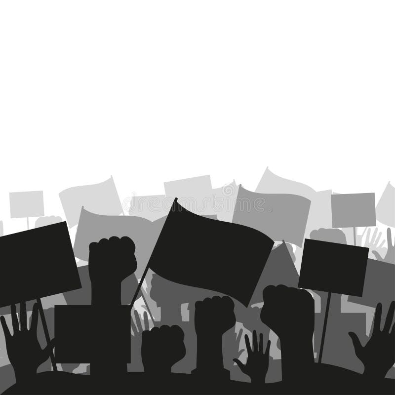 The Silhouette of a Cheering or Rioting Crowd with Flags and Banners ...