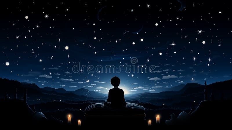 Silhouette of Child Boy Sits Under Dark Starry Lights Sky Stock ...