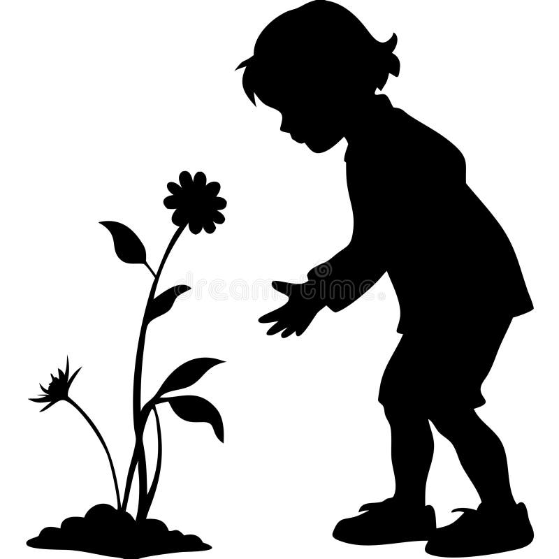 Silhouette of Child Exploring Nature with Flower Vector Illustration ...