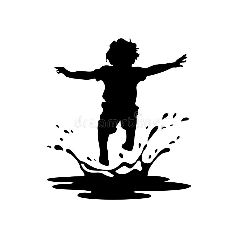 Silhouette of a Child Joyfully Jumping in a Puddle, Splashing Water ...