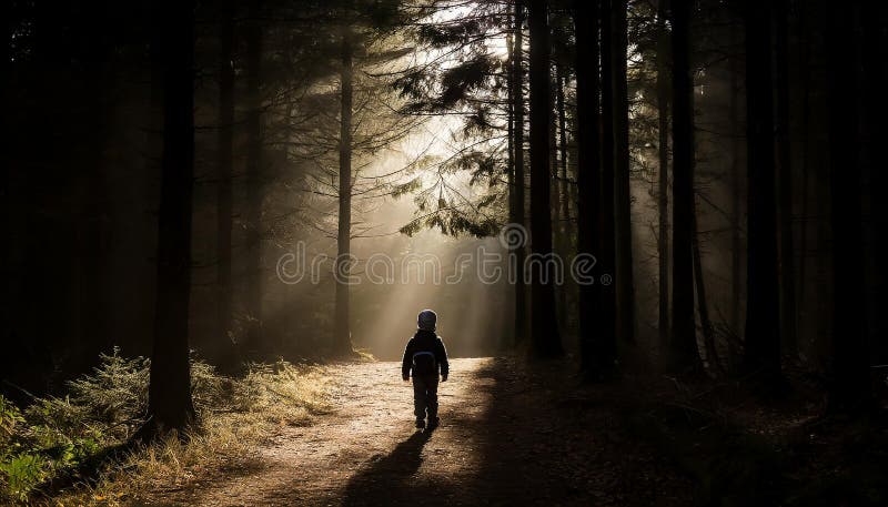 Silhouette of Child on Pathway in Dark Forest, Child Lost in the Forest ...