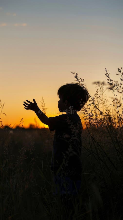 Silhouette of a Child Reaching Out in a Field at Sunset, Peaceful and ...