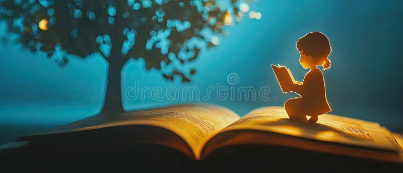 Child Reading on an Open Book with a Tree in the Background Stock ...