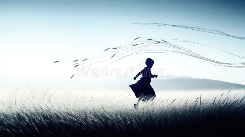 Silhouette of Child Running in Windy Grass Field at Dusk Stock Image - Image of shadow, figure ...