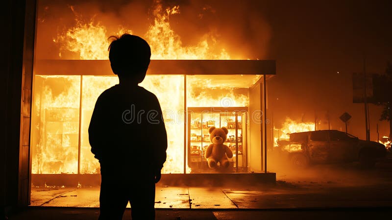 Silhouette of a Child Standing in Front of a Burning Building at Night ...