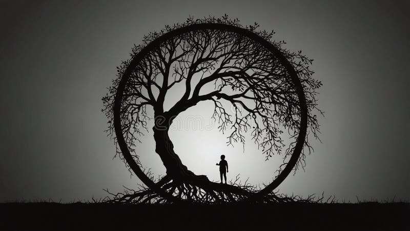 Silhouette of Child Standing Inside Intricate Tree of Life Circle with ...