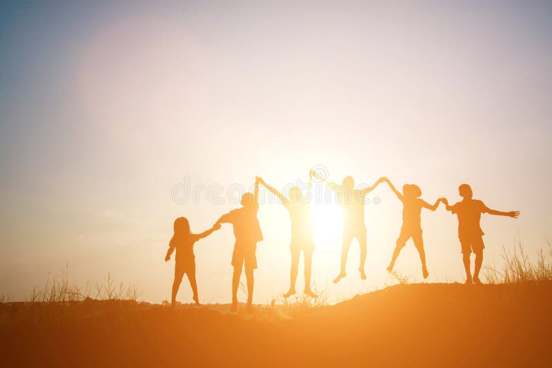 Silhouette of Children Jump Gladness Happy Time Stock Photo - Image of ...
