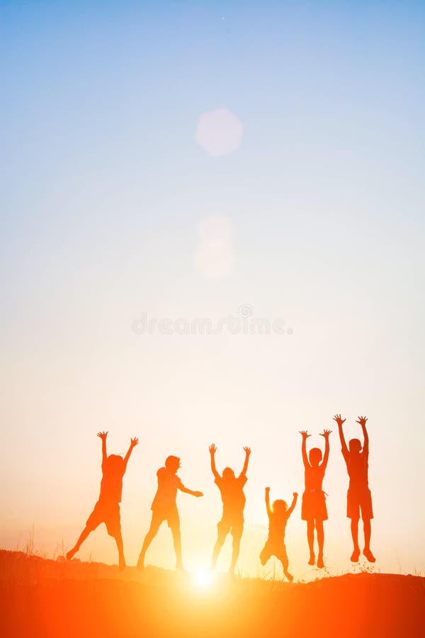 Silhouette of Children Jump Gladness Happy Time Stock Image - Image of ...