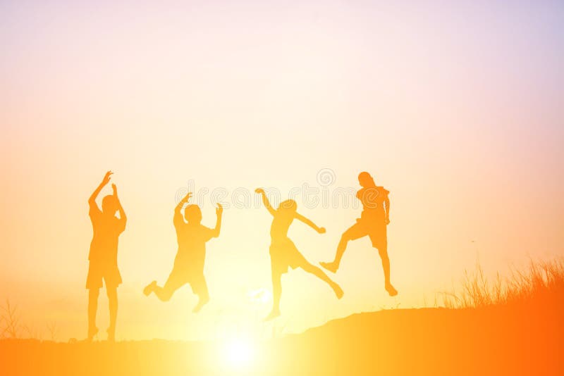 Silhouette of Children Jump Gladness Happy Time Stock Photo - Image of ...