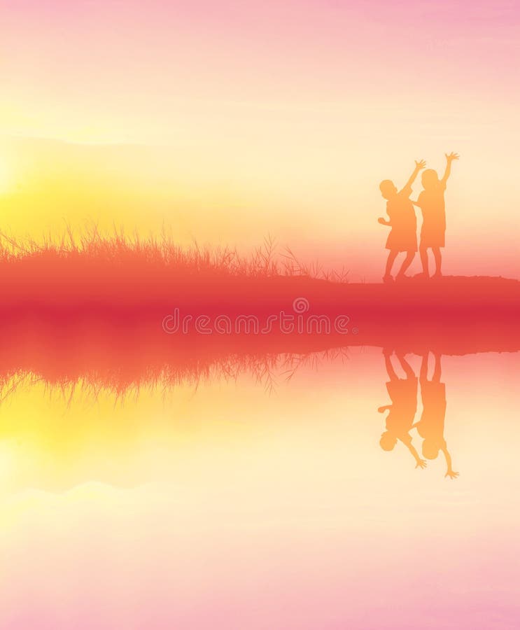 Silhouette Children Playing Happy Time at Sunset with Water Reflection ...