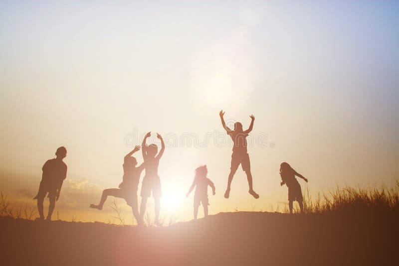 Silhouette Children Playing on Summer Sunset Happy Time Stock Image ...