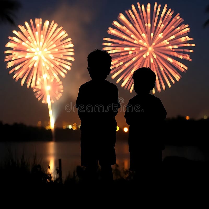 Silhouette of Children Watching Fireworks at Night. Stock Photo - Image ...