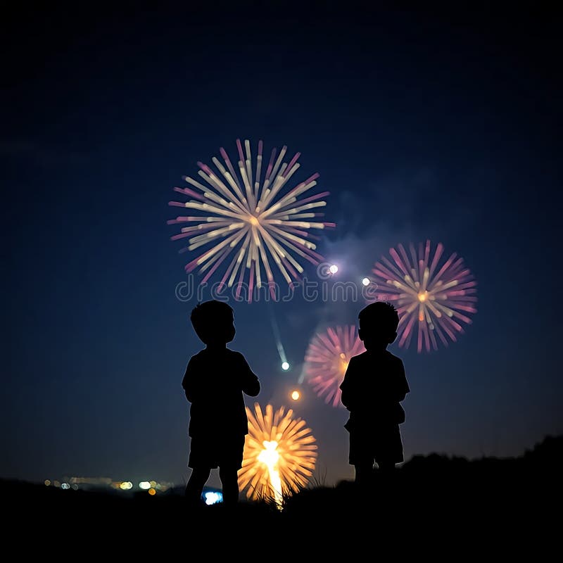Silhouette of Children Watching Fireworks at Night. Stock Image - Image ...