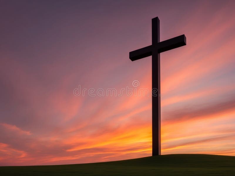 Silhouette of Christian Cross on Green Field during Sunset. Stock Photo ...
